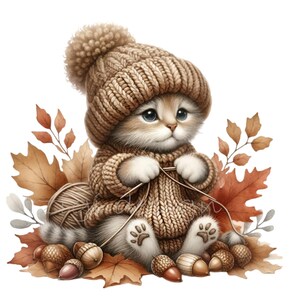 Knitting Kitten Clipart, 10 Cute Fall Cat PNG for Autumn Crafts ...
