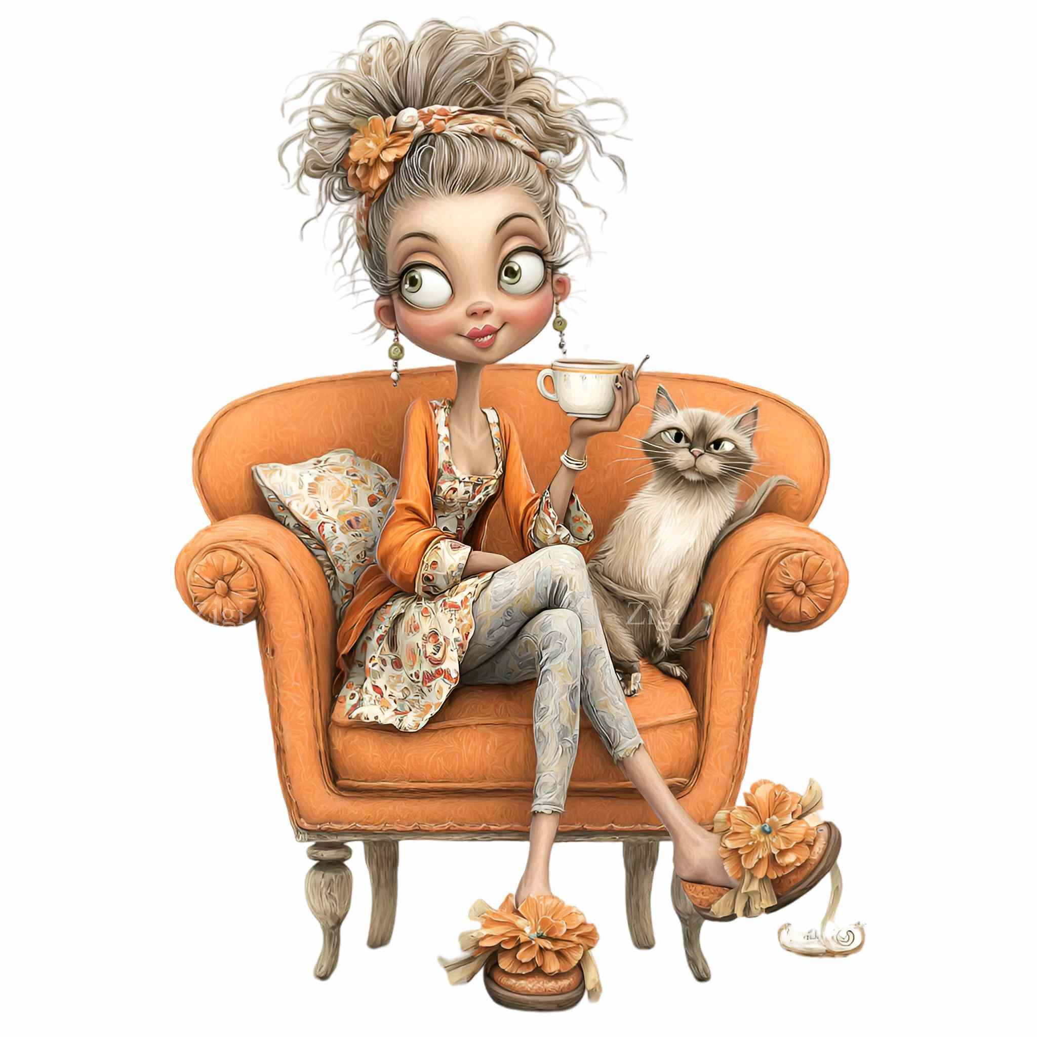 15 PNG Whimsical Lady Clipart - Funny Woman With Cat PNG - Digital ...