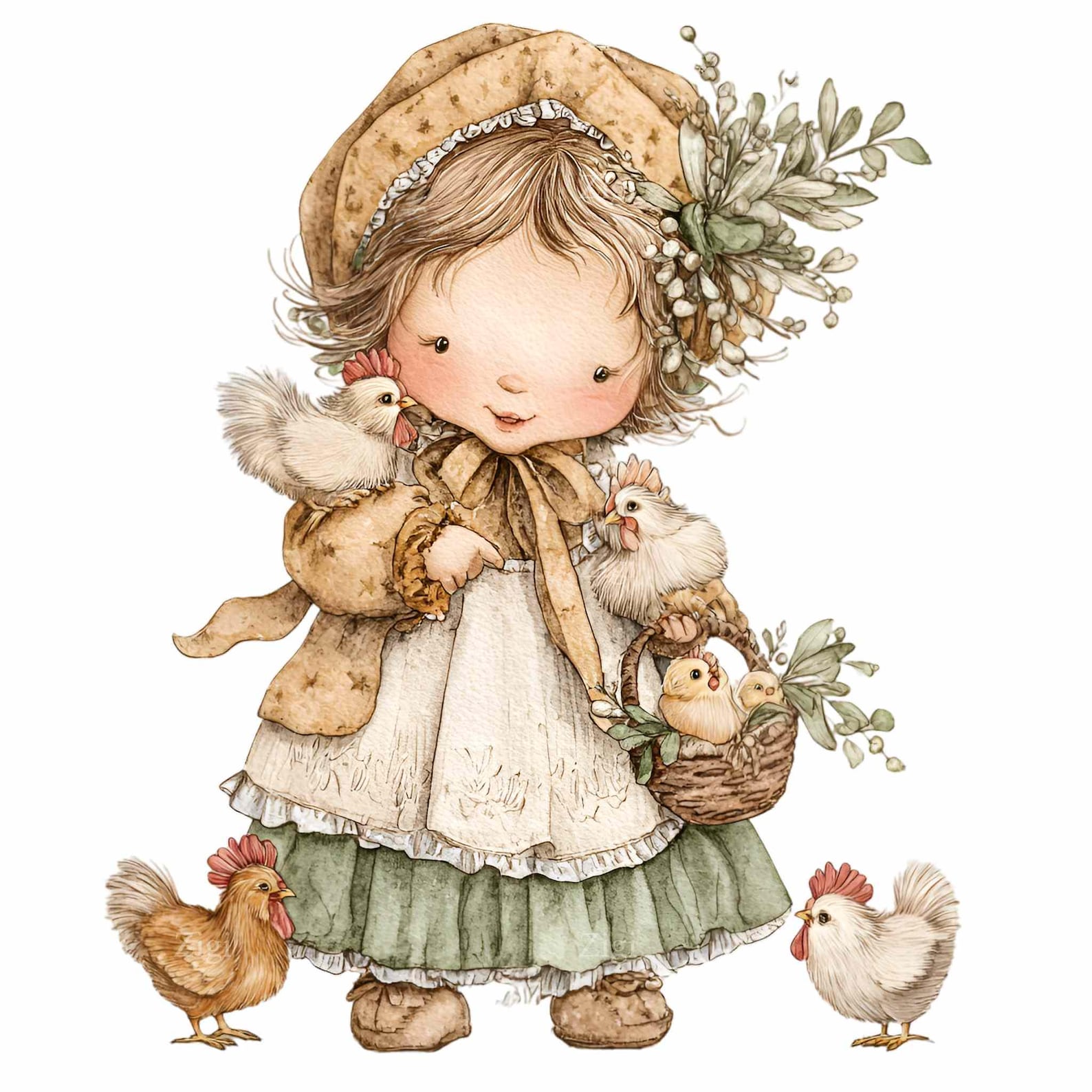 16 PNG Farm Chicken Girl Clipart – Vintage Illustration – Spring Chicks ...