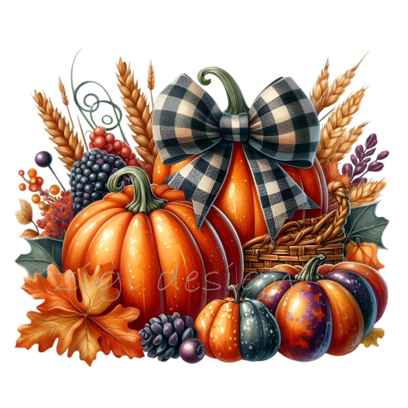 14 PNG Pumpkin Basket Buffalo Plaid Bow Autumn Wheat Clipart. Fall ...