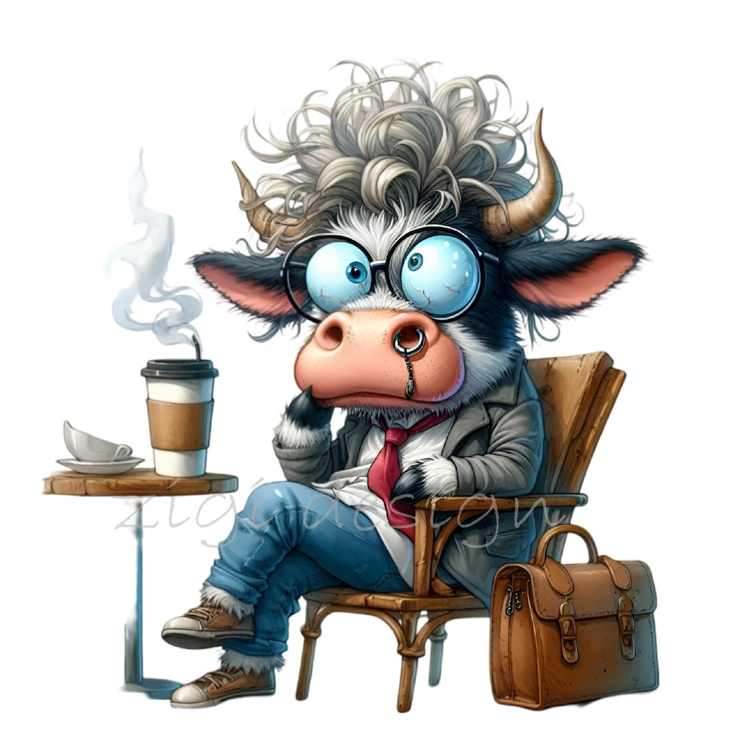 Comics Cow Drinking Coffee 14 PNG Funny Kids Cartoon Illustration ...