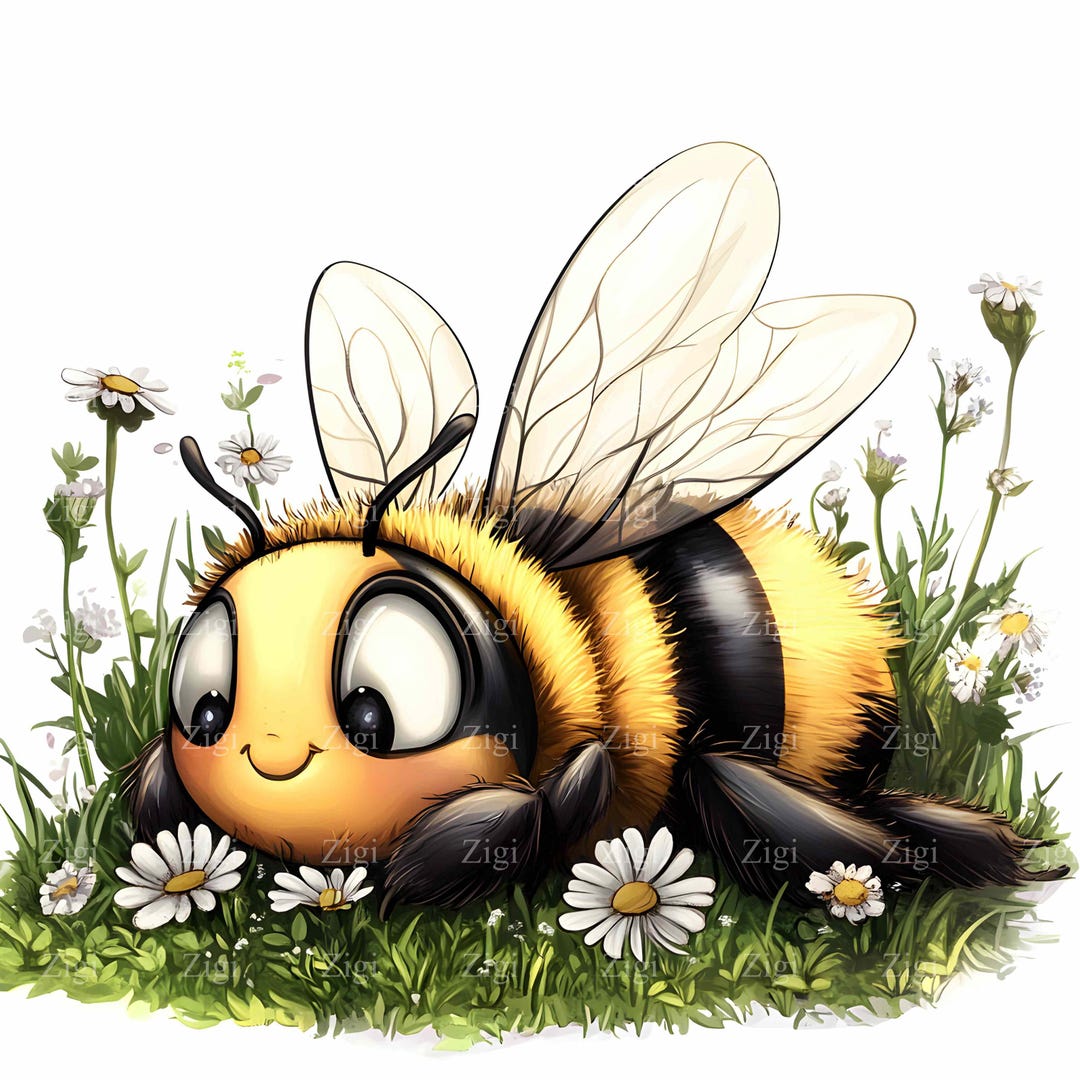 20 JPEG Adorable Bumblebee Clipart - Cute Smiling Bee Resting on Grass ...
