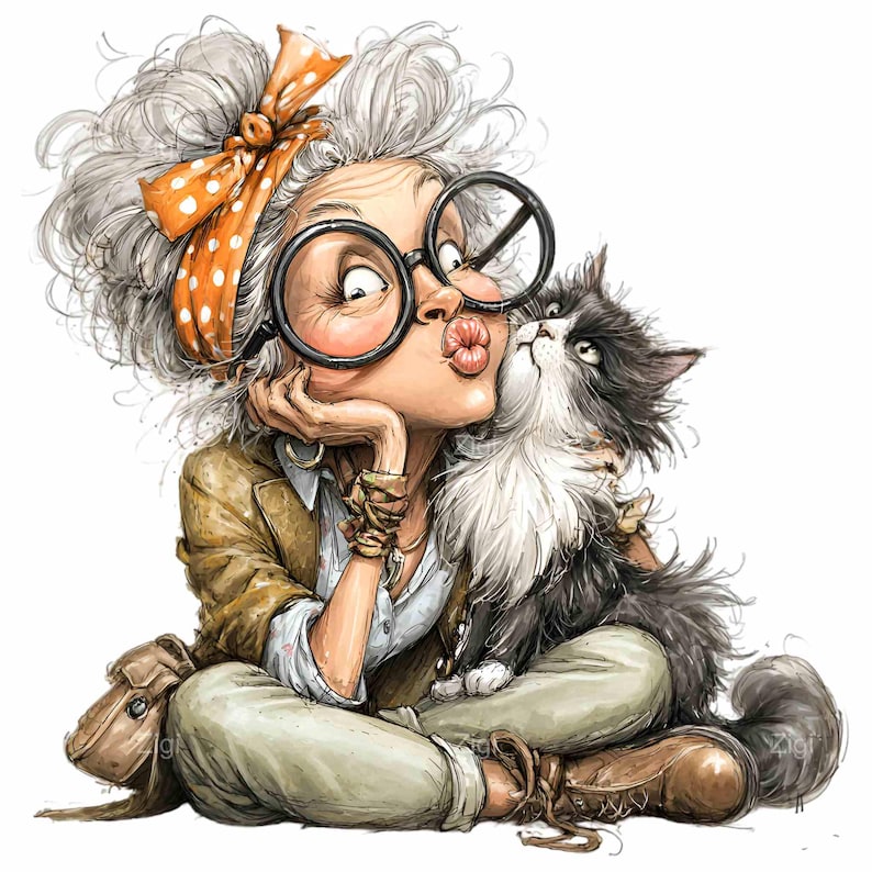 15 PNG Cat Grandma Clipart, Funny Lady Illustration, Grumpy Tuxedo ...