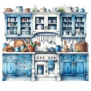 12 PNG Blue White Kitchen Hutch, Vintage Pantry Cabinet Clipart, Rustic ...