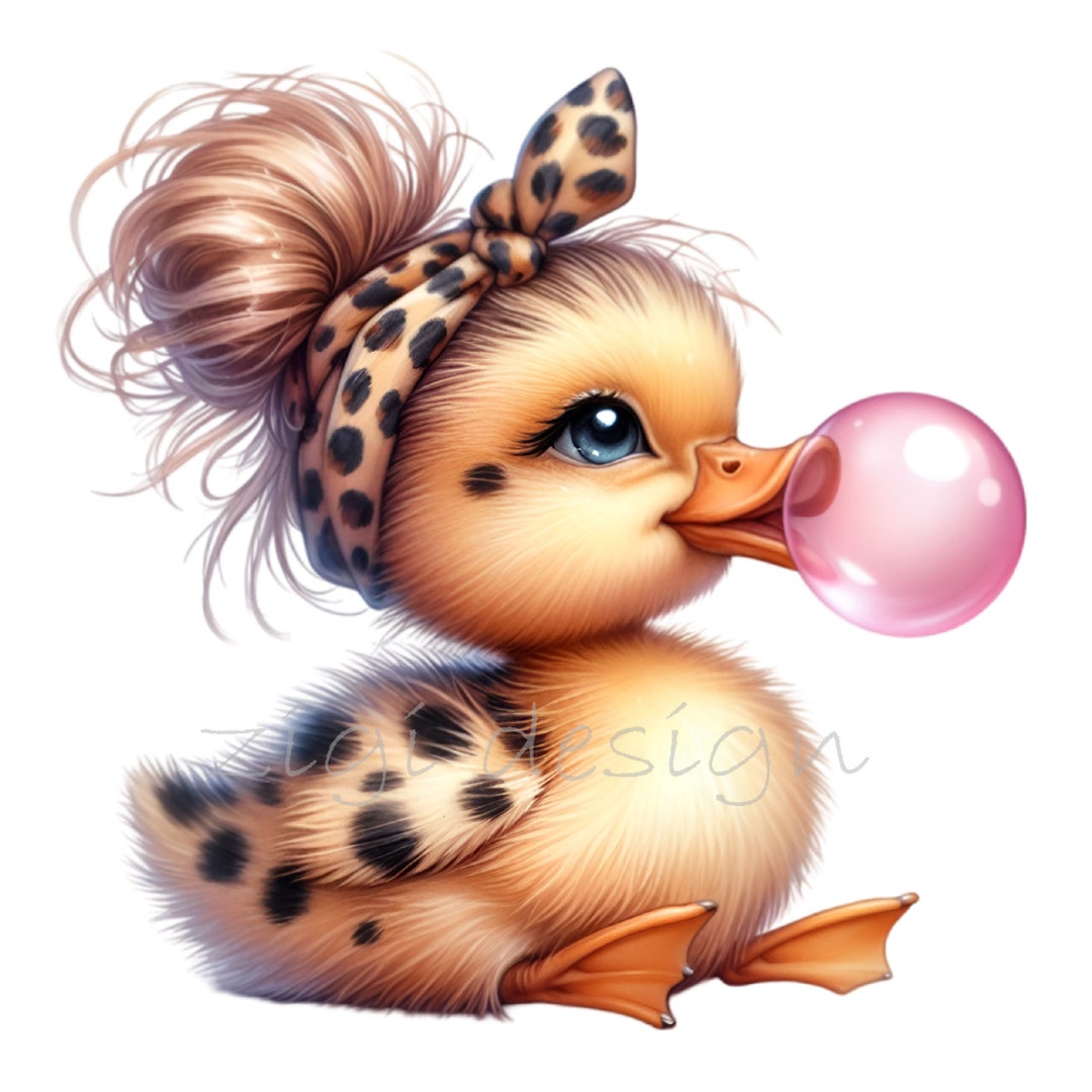 14 Leopard Duck PNG Clipart – Cute Duckling With Bubblegum, Messy Hair ...