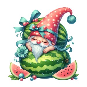 Watermelon Gnome Clipart Cute Summer Illustration 10 PNG Sleepy Gnome ...