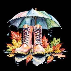 Autumn Rain Boots Clipart, 15 Fall Leaves Umbrella PNG, Watercolor ...