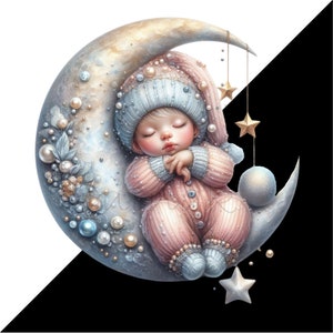 Sleeping Baby on Moon PNG Clipart, 15 Dreamy Baby With Stars, Nursery ...