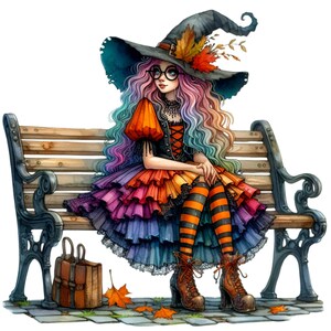 12 Autumn Witch PNG Clipart, Whimsical Witch With Hat Sitting on Bench ...