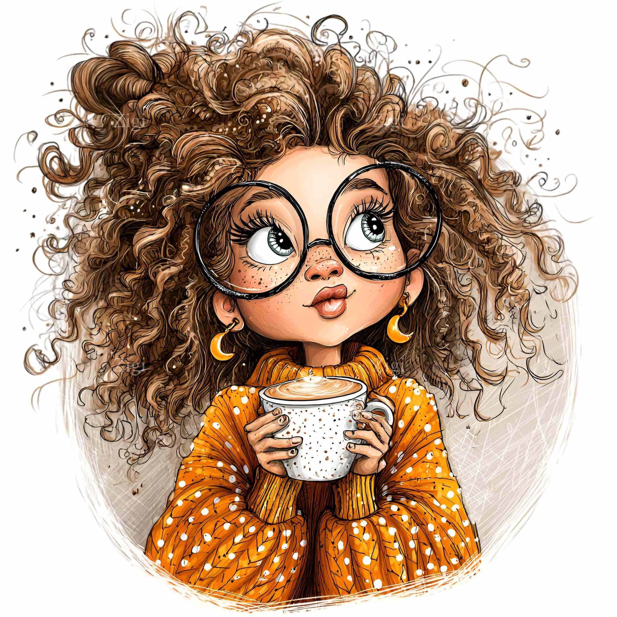 10 PNG Curly Hair Girl Coffee, Glasses Nerd Sublimation - Etsy