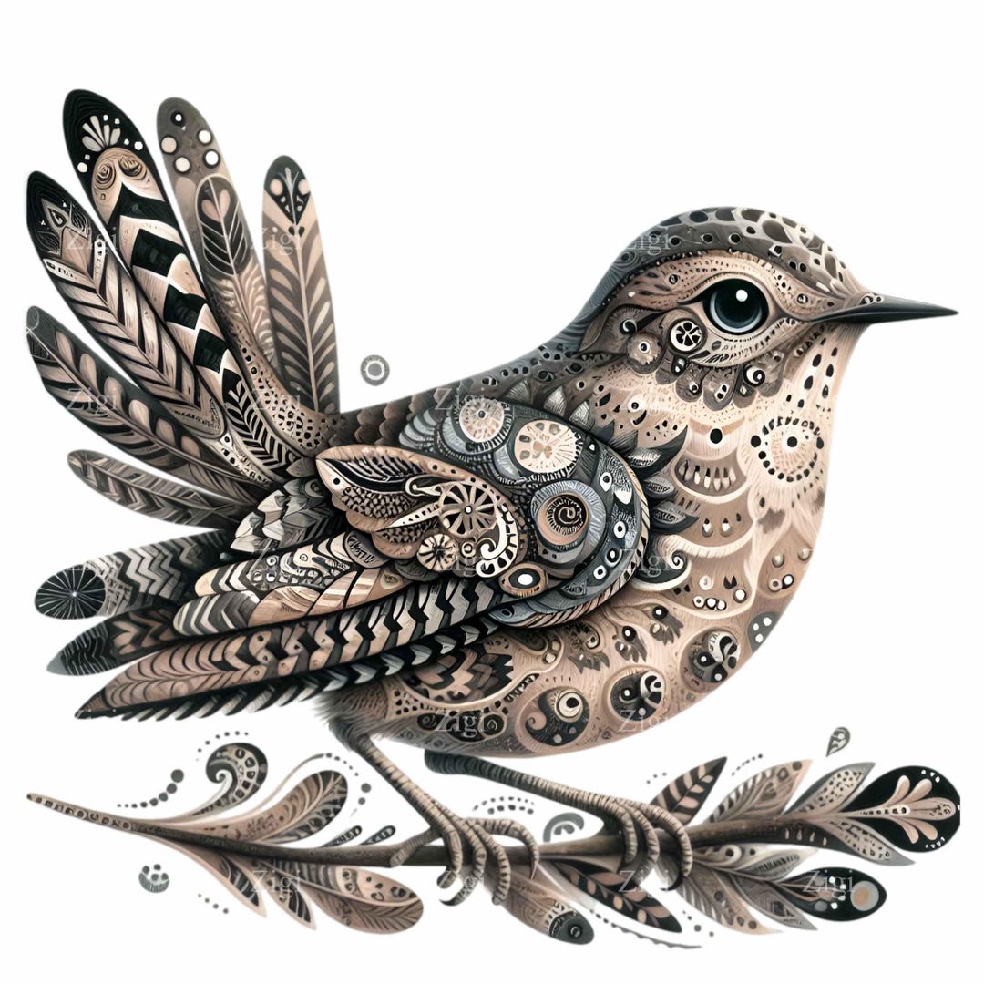12 Folk Art Bird PNG Clipart - Decorative Bird With Intricate Neutral ...