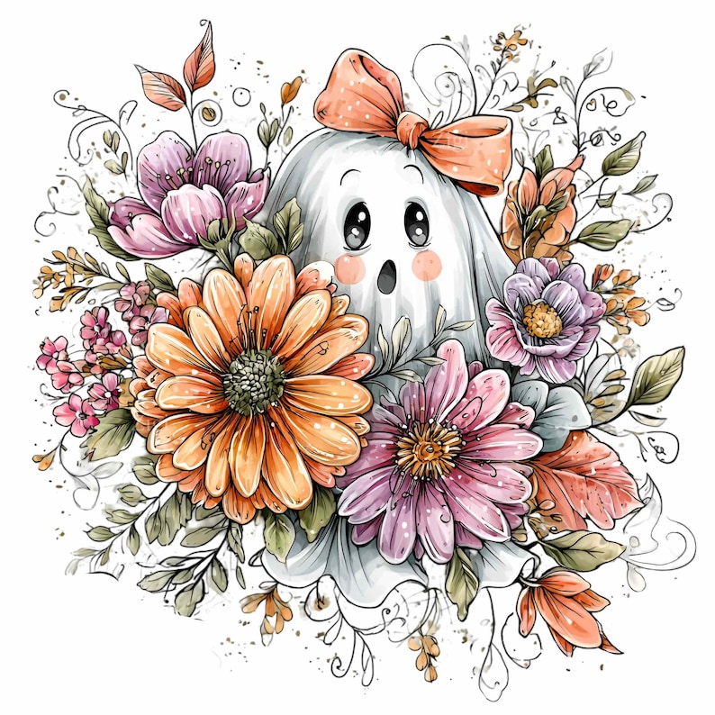 12 PNG Floral Bouquet – Cute Ghost PNG Clipart – Pastel Halloween Art ...