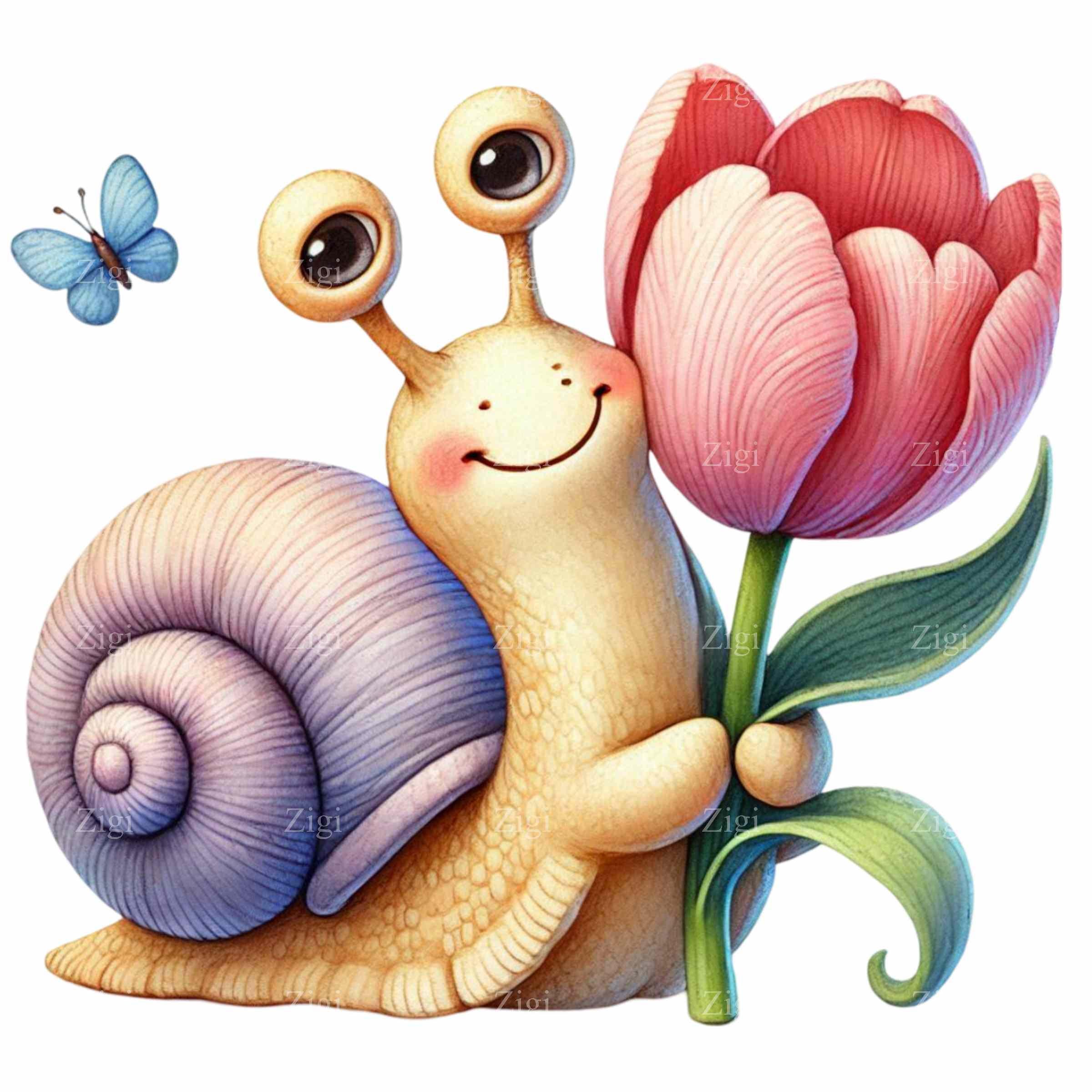 15 Snail Clipart PNG - Cute Snail Holding Pink Tulips, Adorable Nature ...