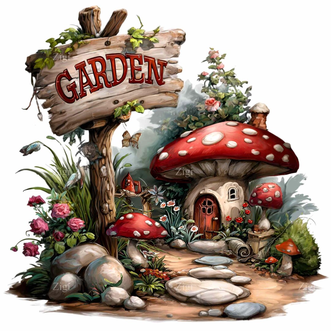 16 PNG Watercolor Mushroom House Clipart, Garden Sign Fairy Cottage ...