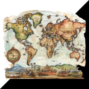 World Map Clipart 15 PNG, Watercolor Vintage Old Map Illustration, Clip ...
