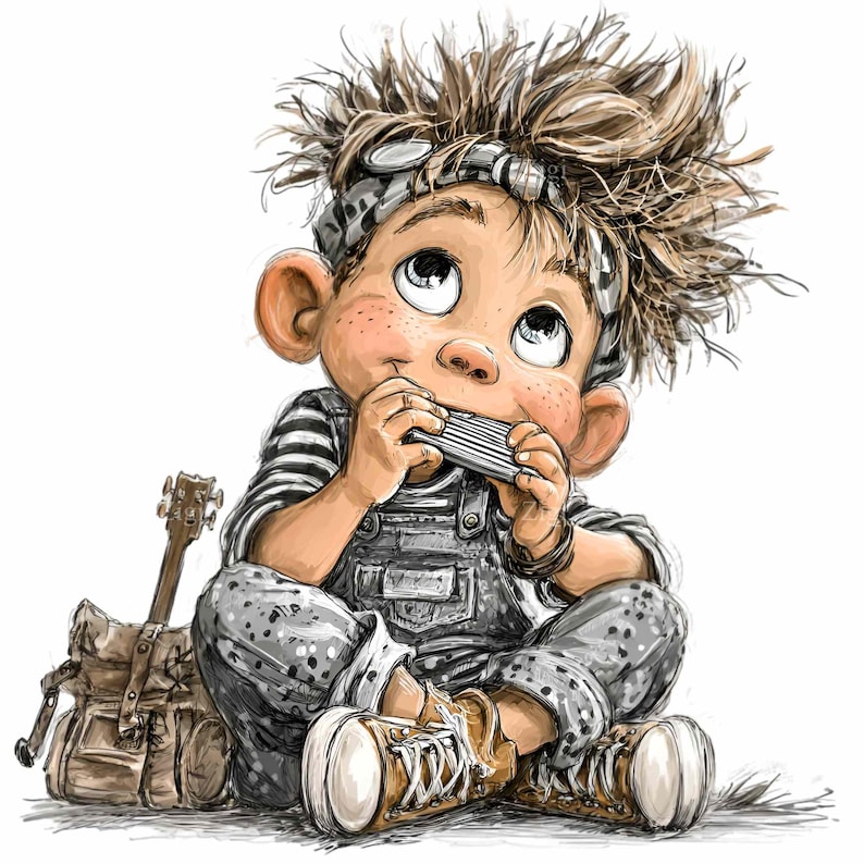 15 PNG Boy Playing Harmonica Clipart – Cute Kid PNG – Vintage Digital ...