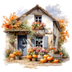 10 Autumn Cottage With Pumpkins PNG Clipart – Fall House Illustration ...