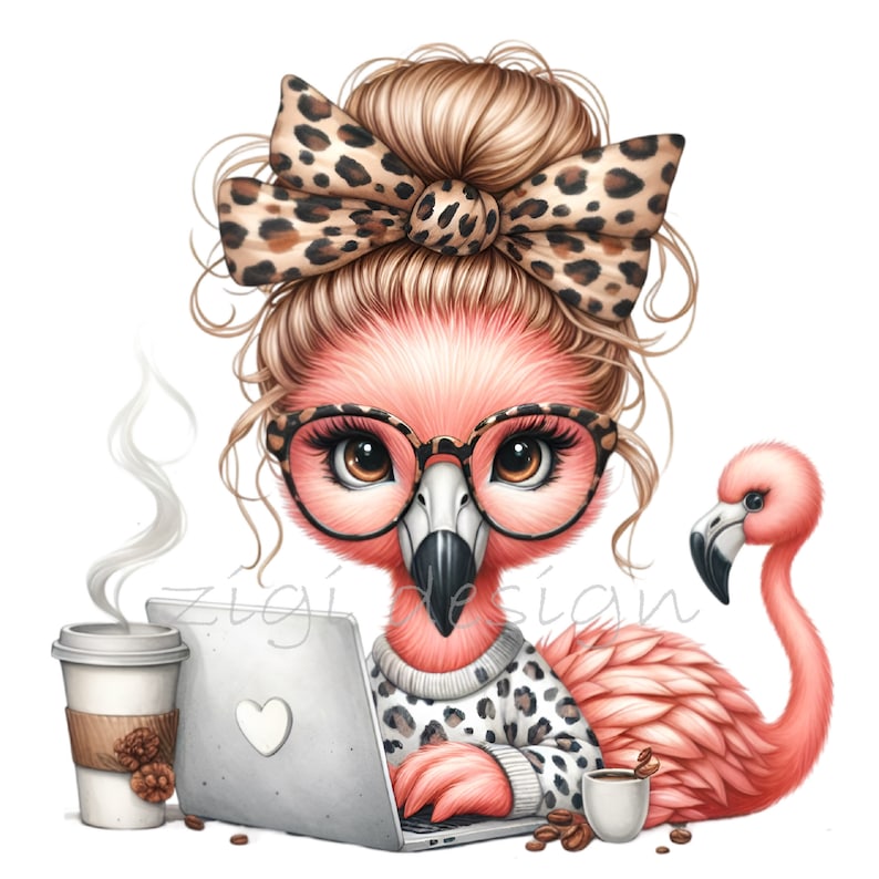 15 Flamingo PNG Clipart, Cute Flamingo With Glasses and Laptop, Digital ...