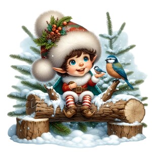 15 Christmas Elf PNG Clipart – Cute Holiday Elf on Snowy Log With Bird ...