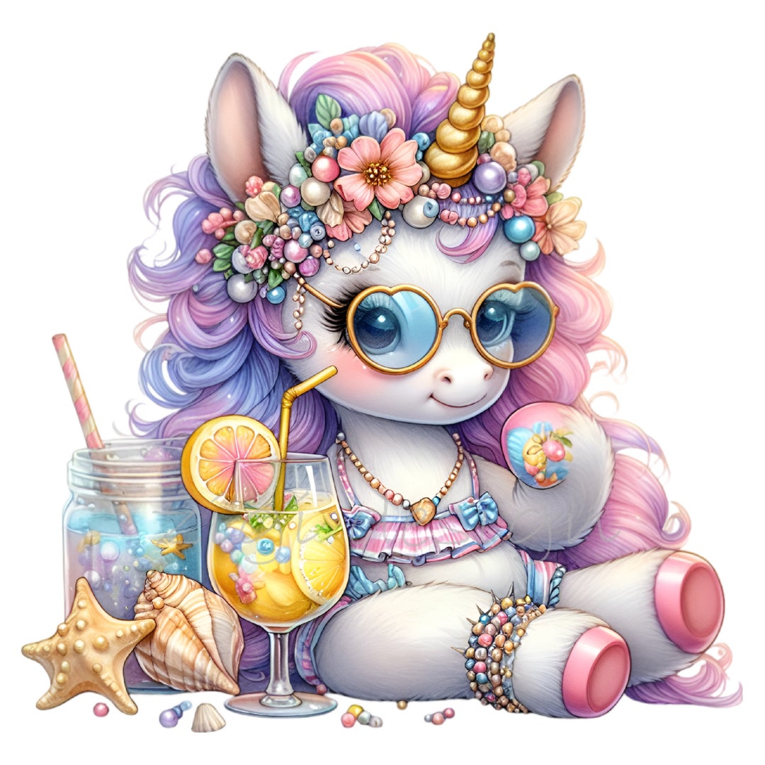 Summer Unicorn With Sunglasses, Floral Crown, and Tropical Drink, 10 ...