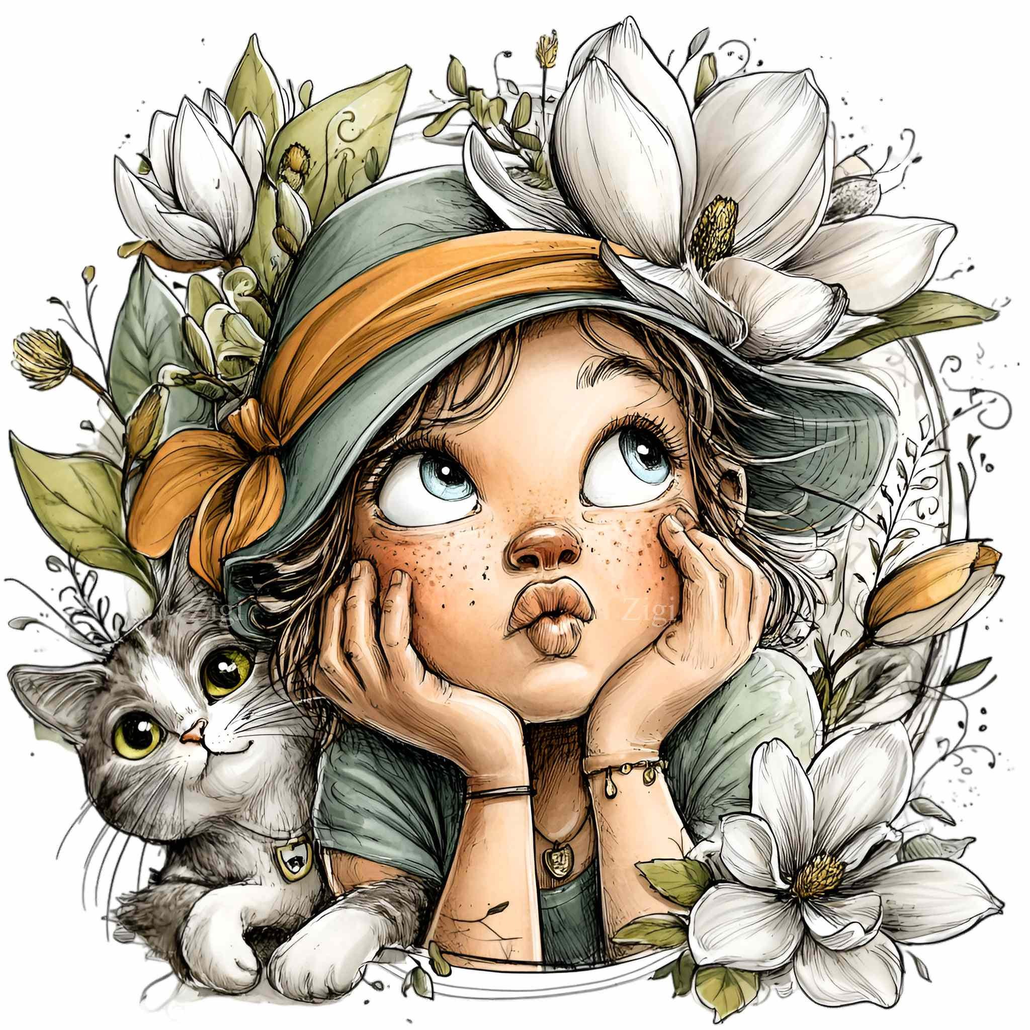 10 PNG Magnolia Girl Clipart – Red Hair PNG With Cat and Flowers ...