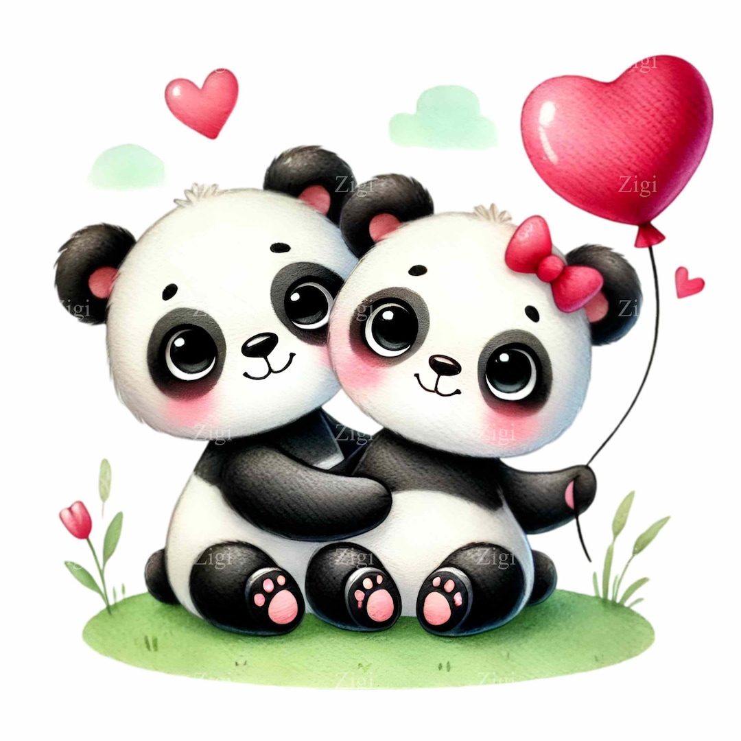 Kawaii Panda Couple PNG Clipart | 15 Cute Pandas With Heart Balloon ...