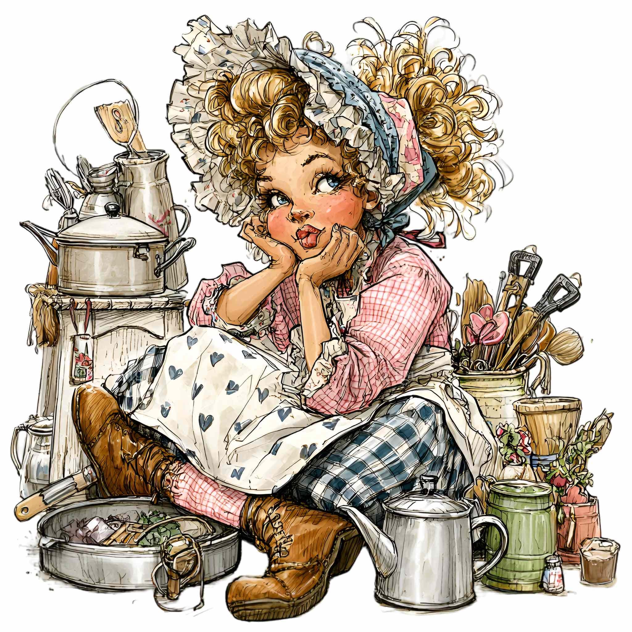 12 PNG Vintage Cooking Girl Clipart – Cute Kitchen Illustration for ...