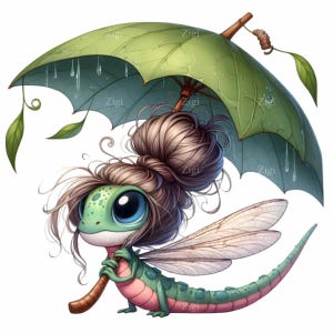 14 Cute Dragonfly Girl PNG Clipart, Big Eyes, Leaf Umbrella, Rain Drops ...