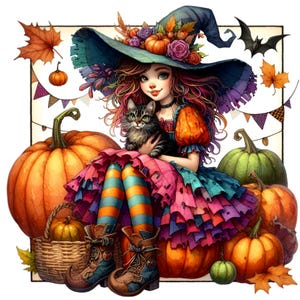 Witch With Cat and Pumpkins Clipart 15 Autumn Fantasy Art PNG Colorful ...