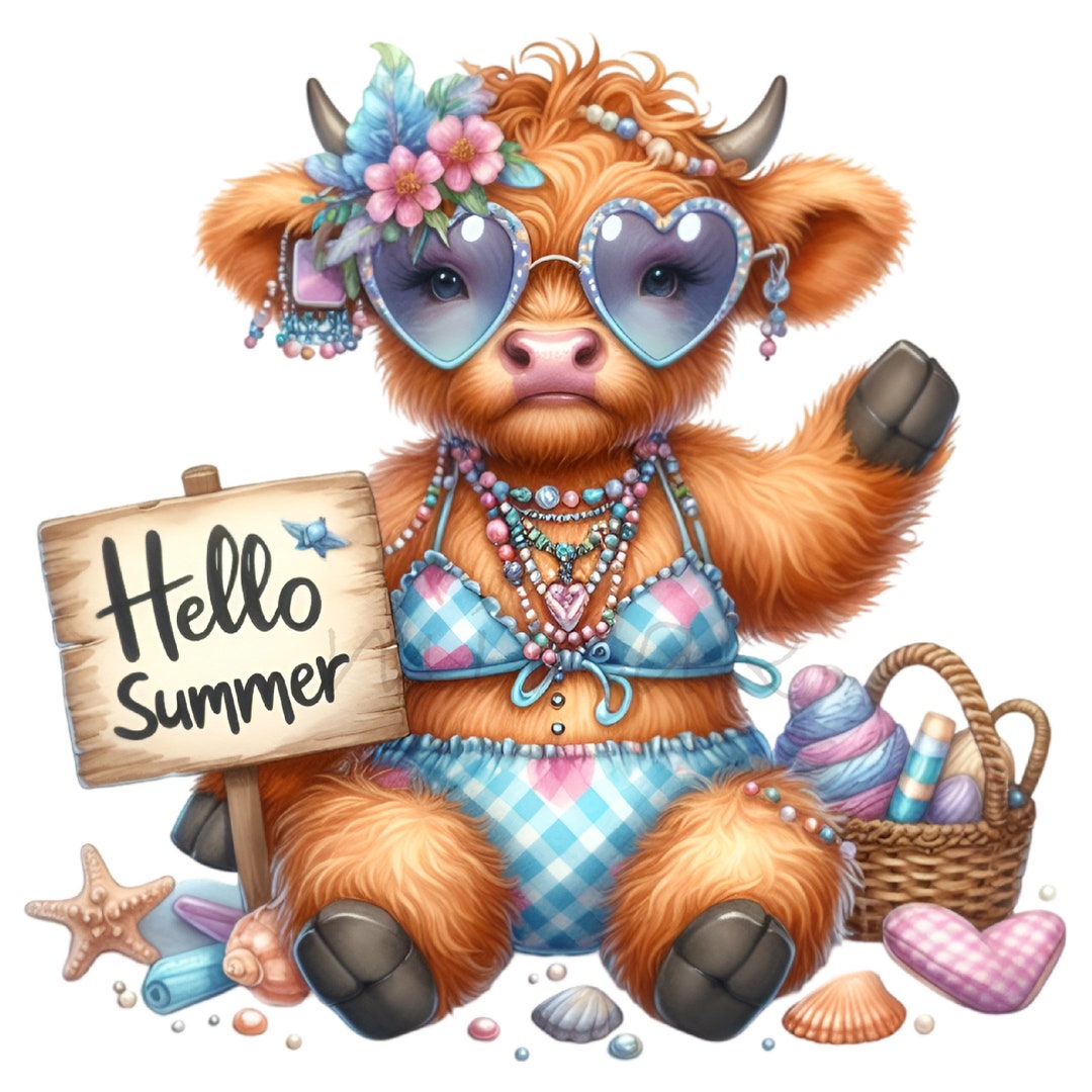 10 Summer Highland Cow PNG Clipart - Cute Cow in Swimsuit With Hello ...
