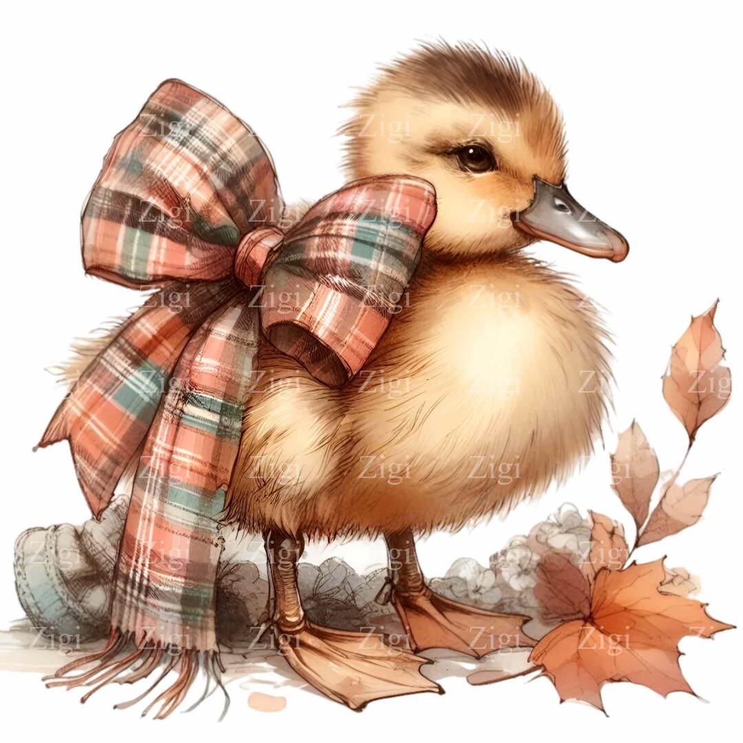 10 Plaid Bow Duckling PNG Clipart Adorable Baby Duck With Autumn Leaves ...