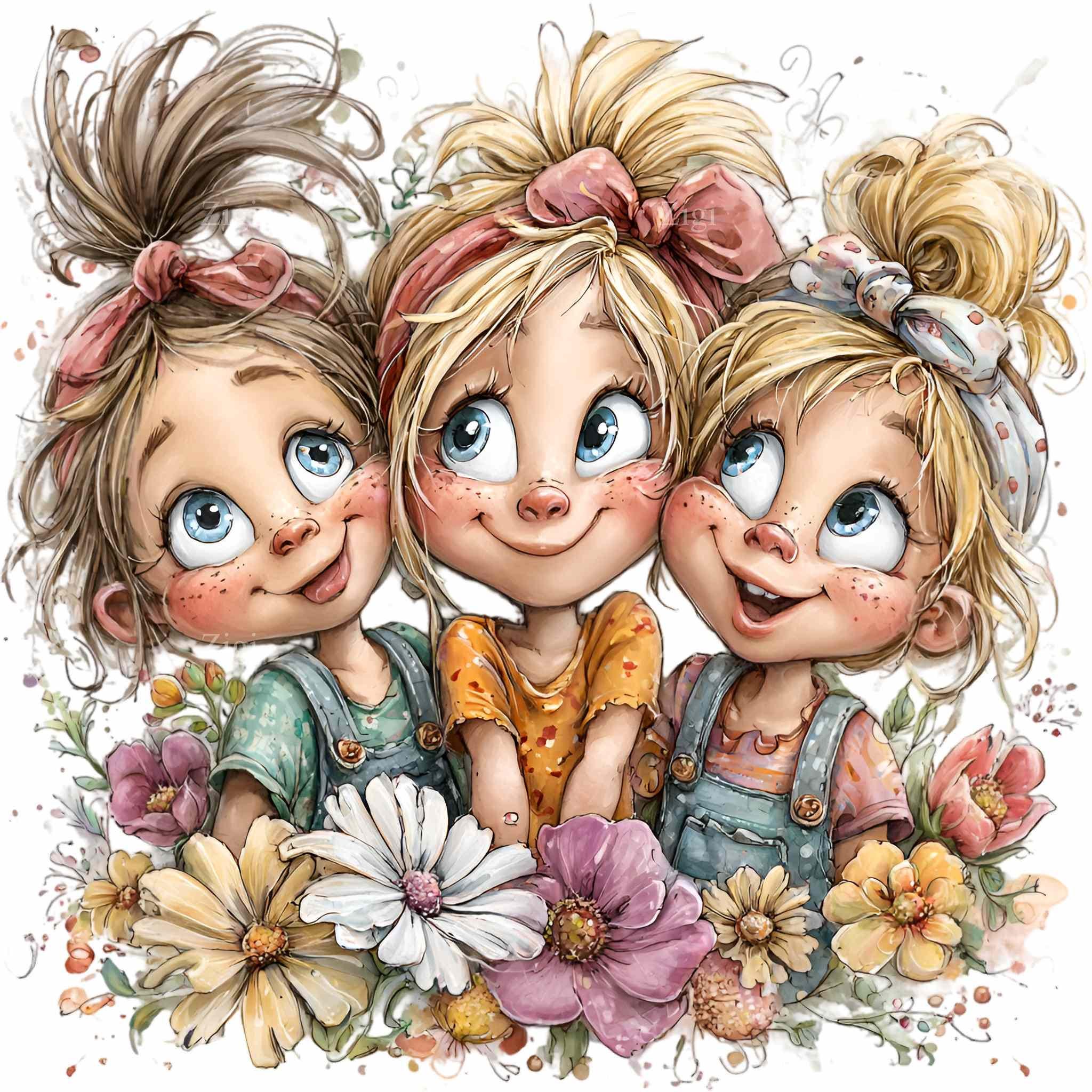 10 PNG Three Girls Clipart – Cute Watercolor PNG – Friendship Sisters ...