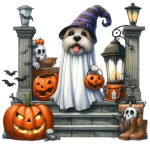 Halloween Dog in Ghost Costume Clipart Cute Fluffy Dog With Jack-o ...