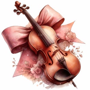 12 Vintage Violin PNG Clipart, Elegant Pink Violin With Bow and Flowers ...