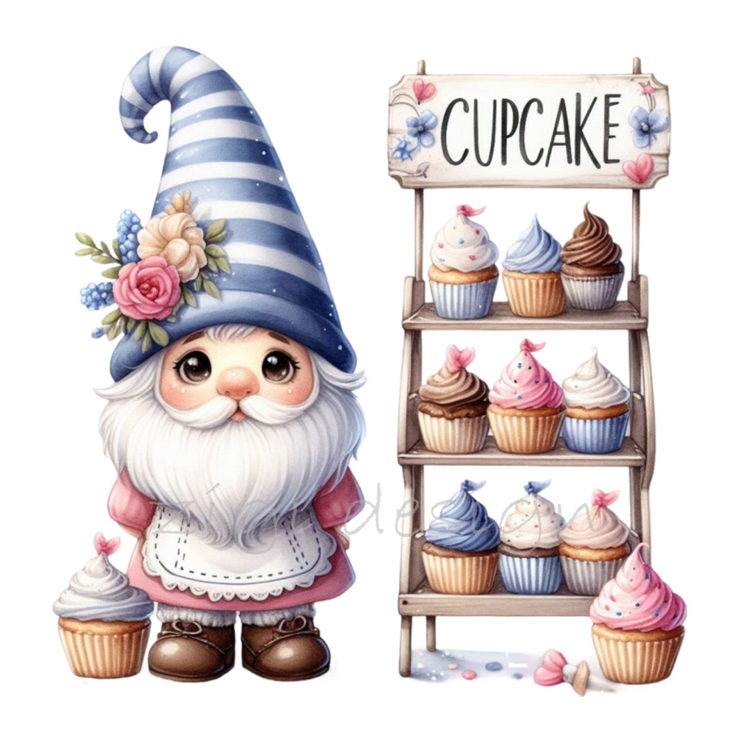 Cupcake Stand Clipart, Gnome Clipart, 10 PNG Watercolor Food Dessert ...