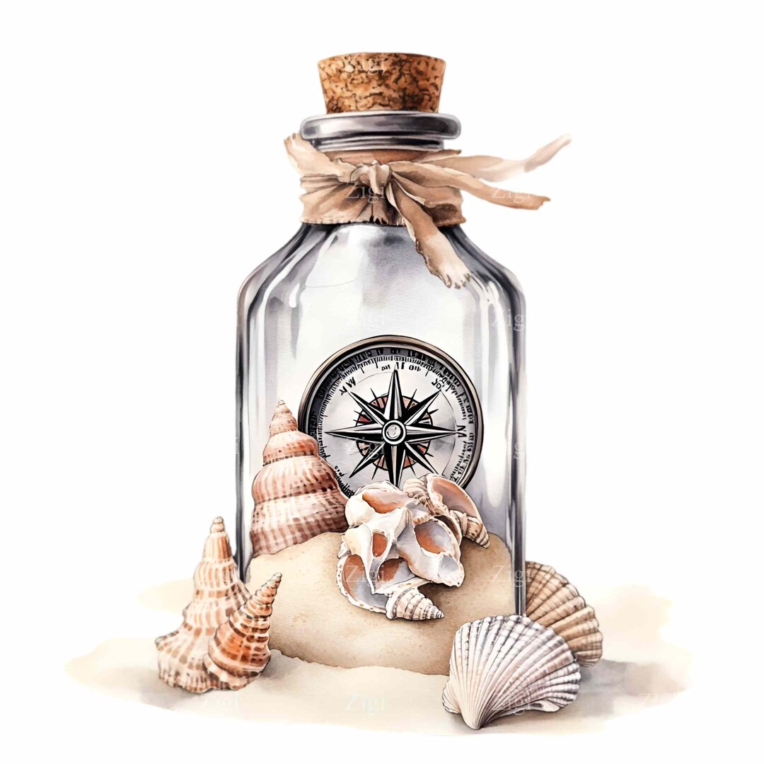 16 Compass PNG in Glass Bottle Clipart PNG, Nautical Seashell Beach ...