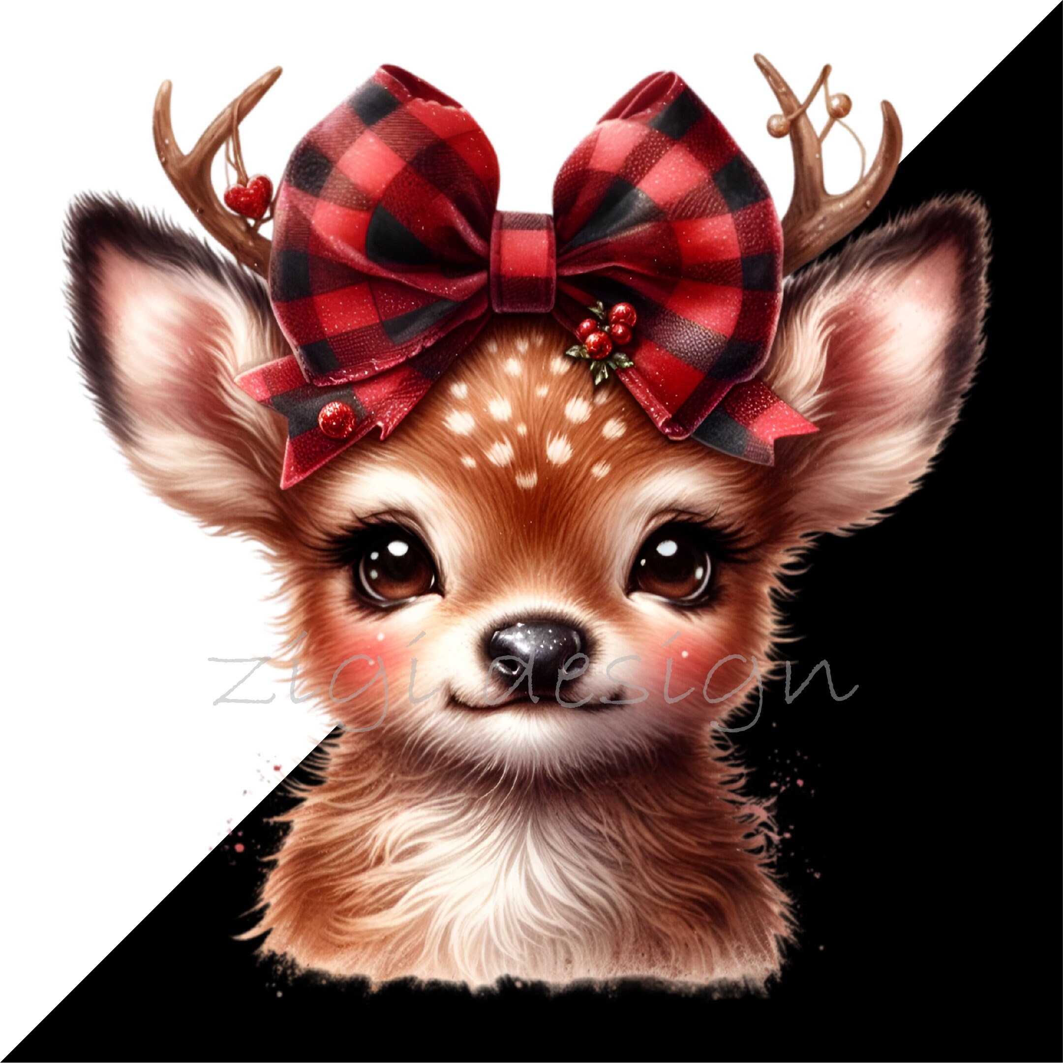12 Cute Deer PNG Clipart - Baby Fawn With Red Buffalo Plaid Bow ...