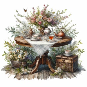 Rustic Tea Table With Flowers PNG Clipart, 10 Vintage Garden Tea Party ...