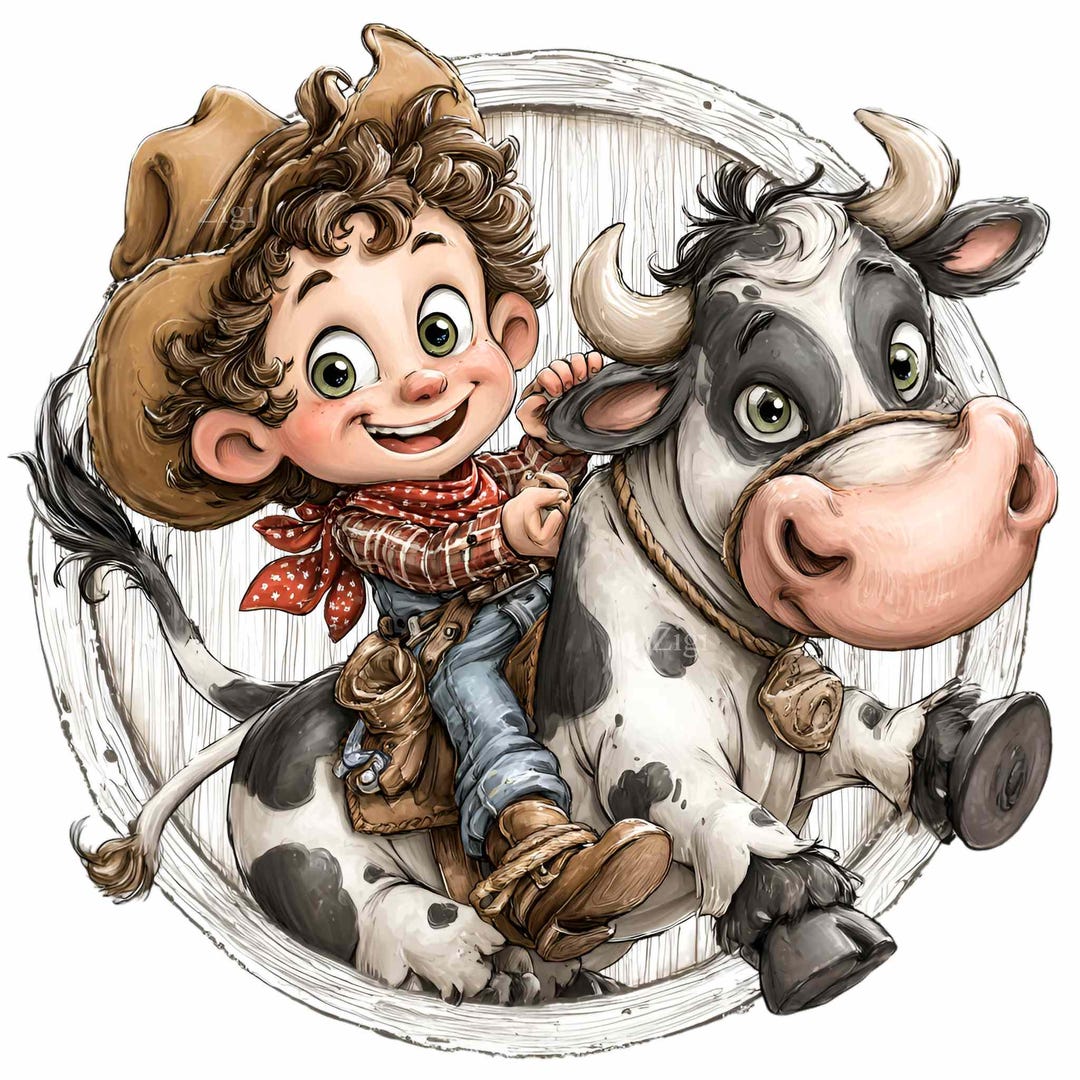 10 PNG Western Farm Clipart – Cowboy Boy Riding Cow PNG – Kids Nursery ...