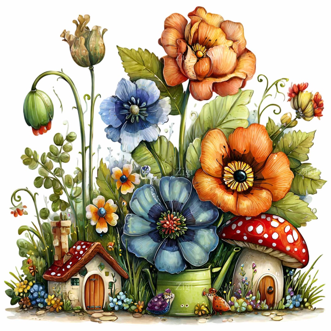 15 PNG Fairy Garden Clipart, Mushroom House Illustration Floral Fantasy ...