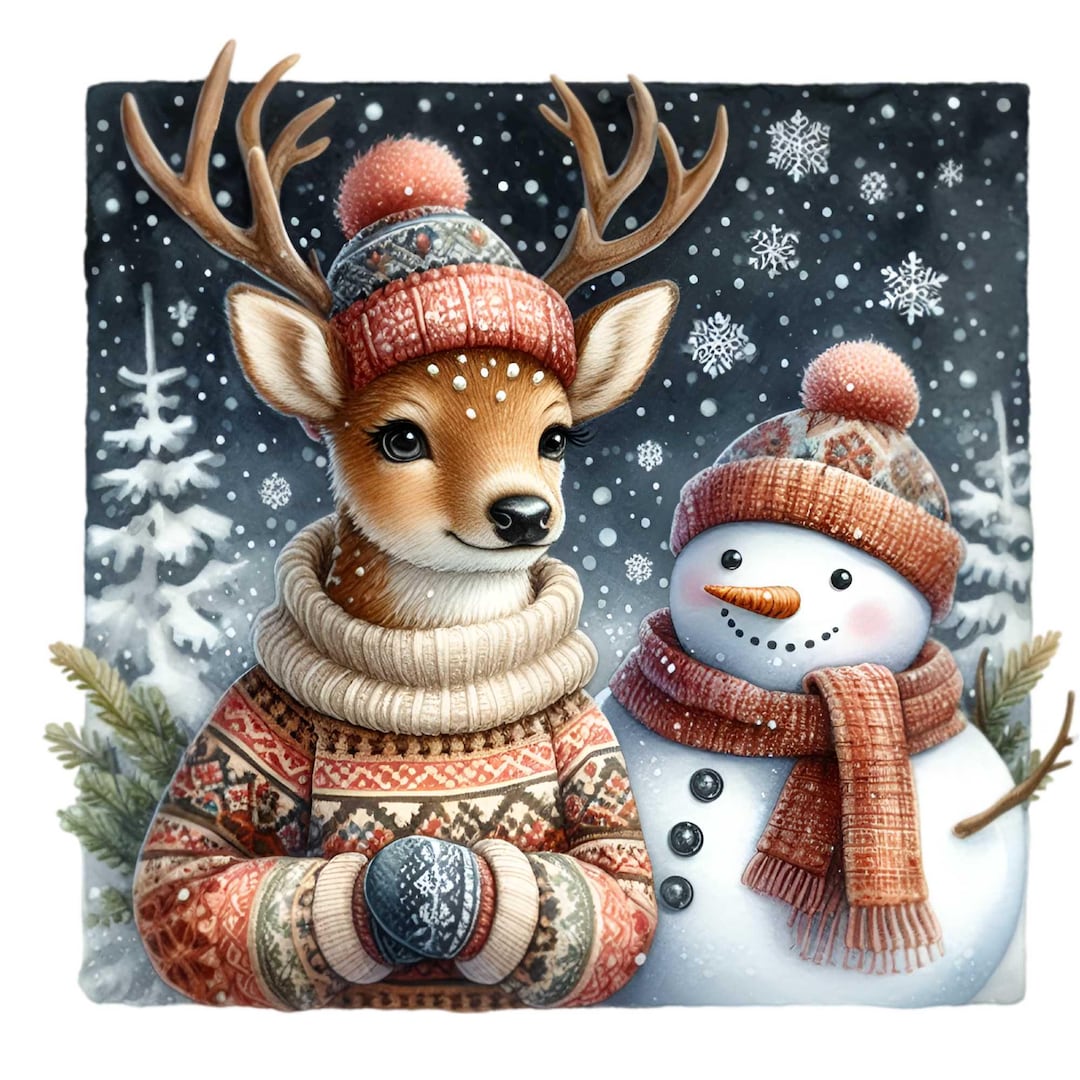 Reindeer and Snowman Winter Clipart 8 Christmas Deer Illustration PNG ...