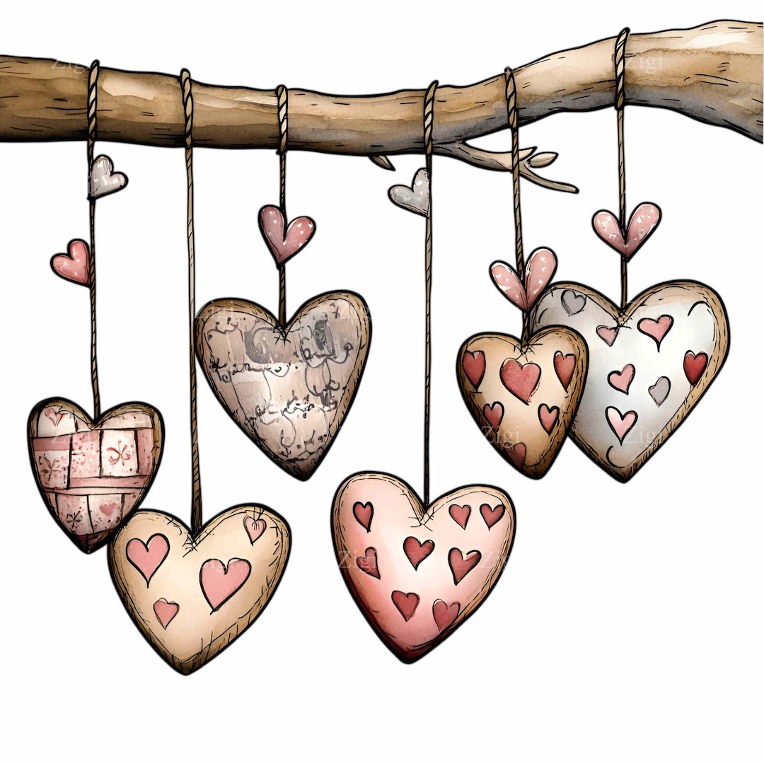 16 Hanging Hearts Clipart PNG - Rustic Heart Branch Digital Download ...