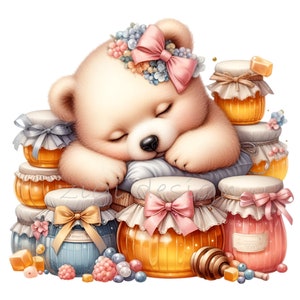 10 Cute Bear Honey PNG, Sleeping Bear With Honey Jars Clipart, Pastel ...