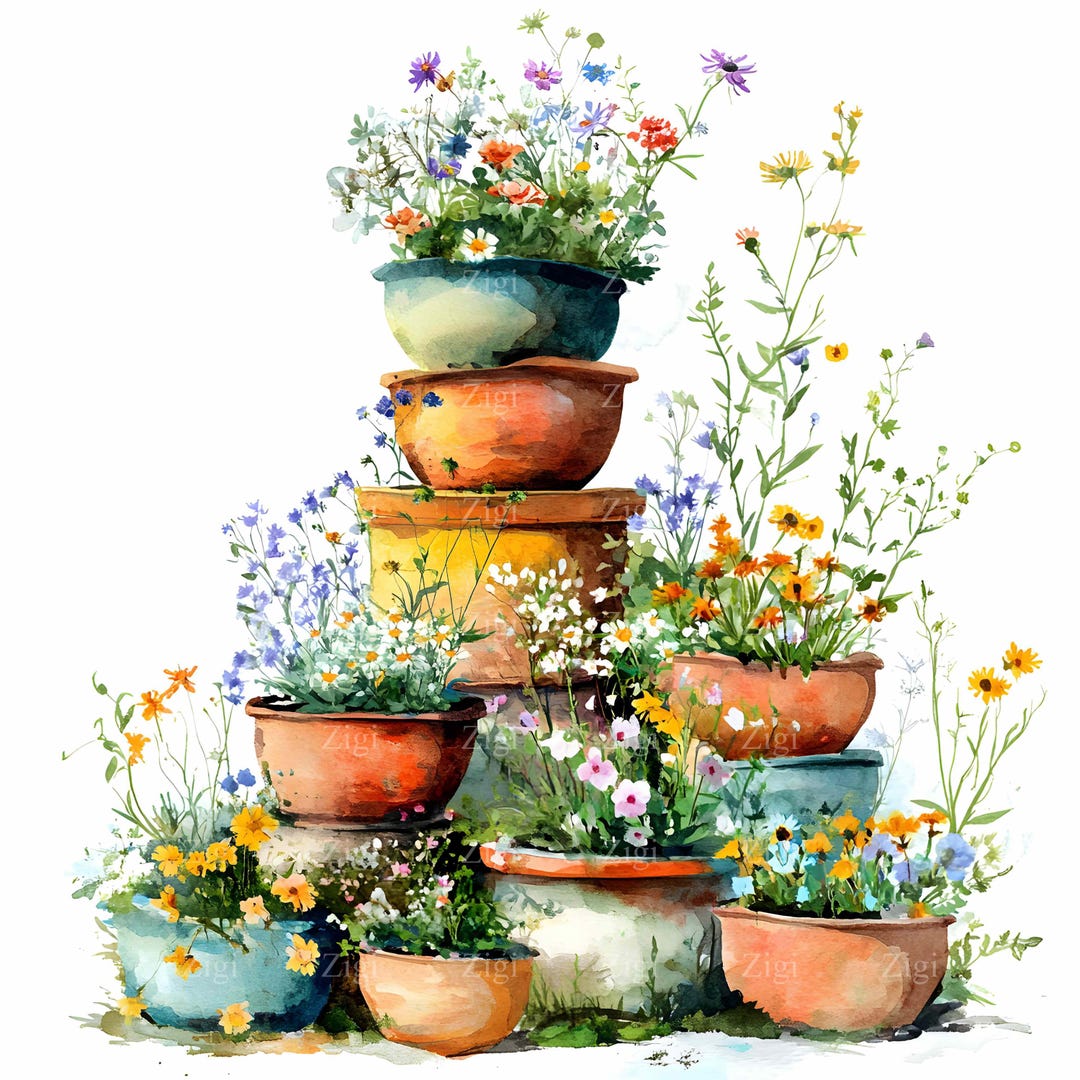 25 JPG Watercolor Flower Pots Illustration, Garden Planter Art, Cottage ...