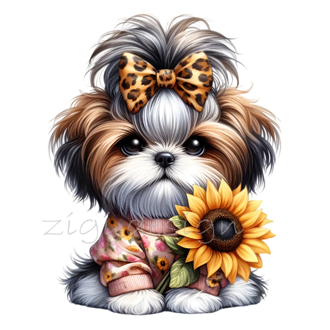 15 PNG Shih Tzu Clipart, Sunflower Puppy Graphics, Leopard Bow Dog ...
