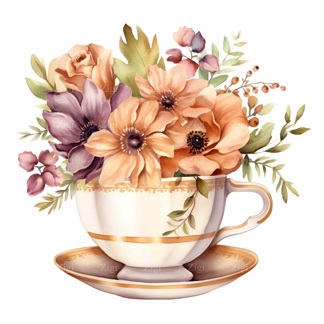 28 JPEG Floral Teacup Clipart, Watercolor Flowers in Teacup JPEG ...
