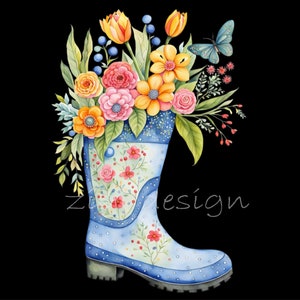 Floral Rain Boot PNG Clipart, 30 Watercolor Garden Boot & Flowers ...