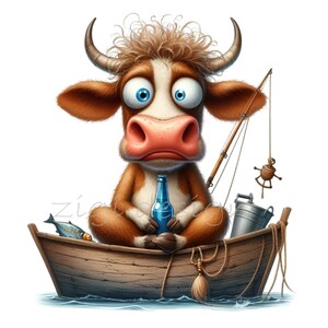Fishing Cow Digital Clipart 15 PNG - Funny Cow Illustration With ...
