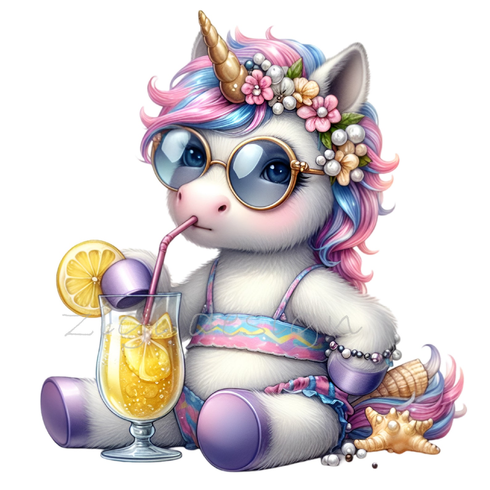 Summer Unicorn With Sunglasses, Floral Crown, and Tropical Drink, 10 ...