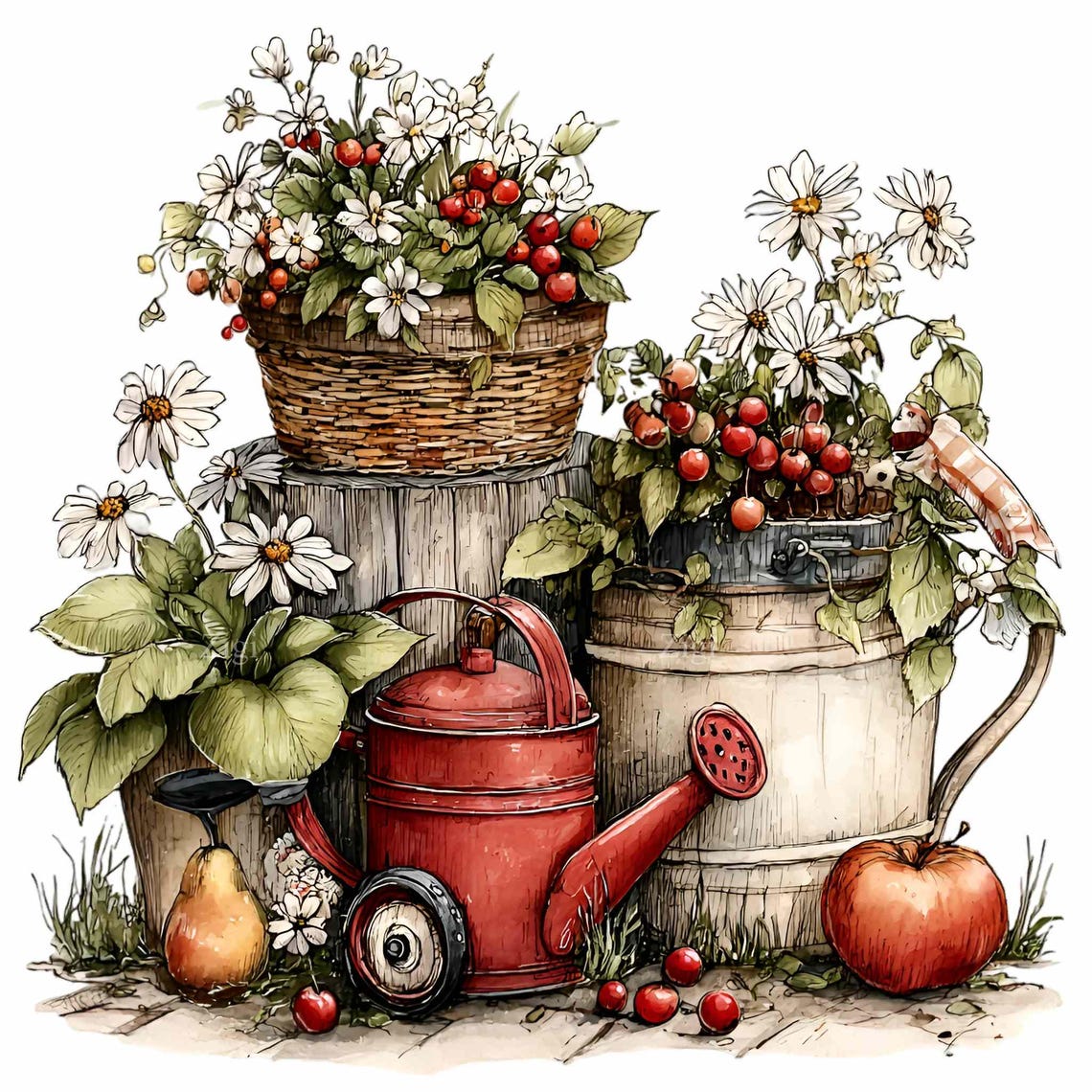 15 PNG Farm Garden Clipart – Rustic Watercolor Tomatoes and Flowers PNG ...